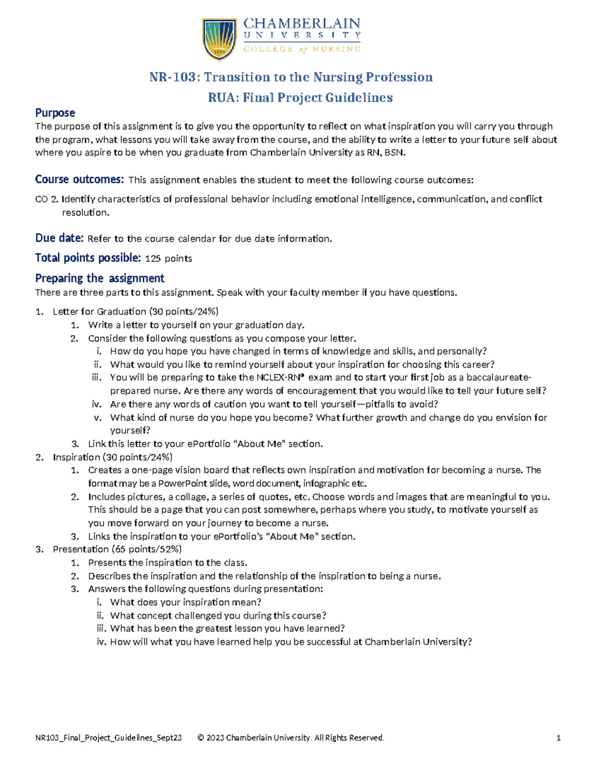 NR103 Final Project Guidelines: Reflecting on Your Nursing Journey ...