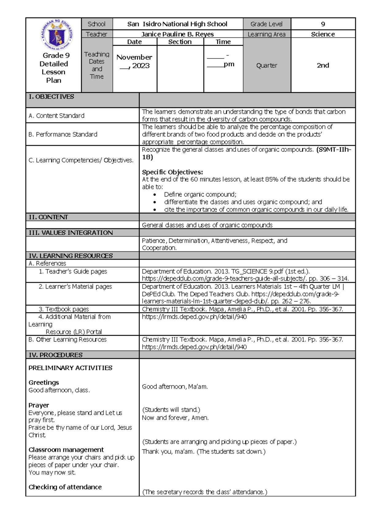 Grade 9 Science: Detailed Lesson Plan on Organic Compounds - Studocu