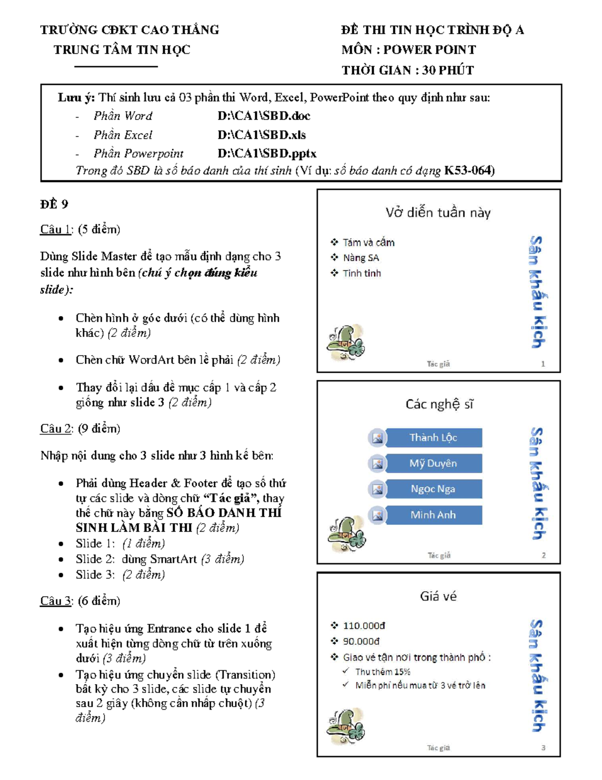 Đề Thi Tin Học Trình Độ A: PowerPoint - 30 Phút (TRƯỜNG CĐKT CAO THẮNG ...