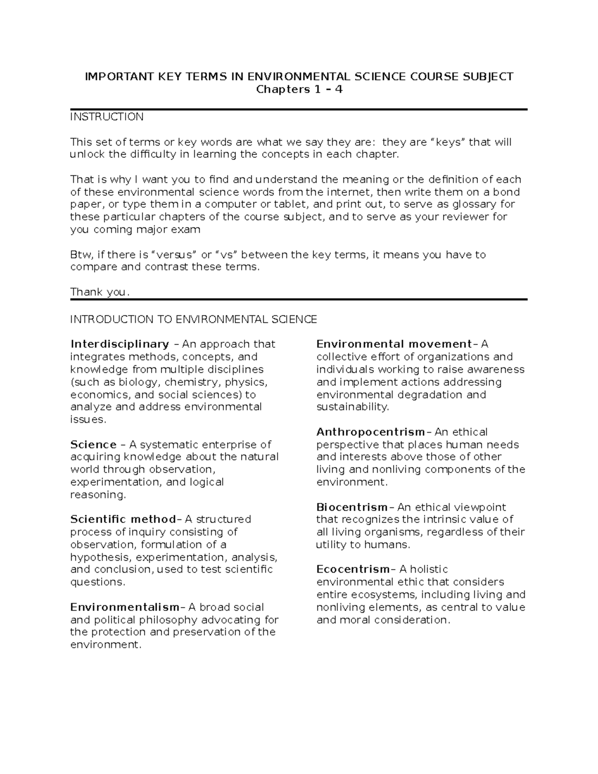 Key Terms in Environmental Science (Chapters 1-4) for Exam Review - Studocu