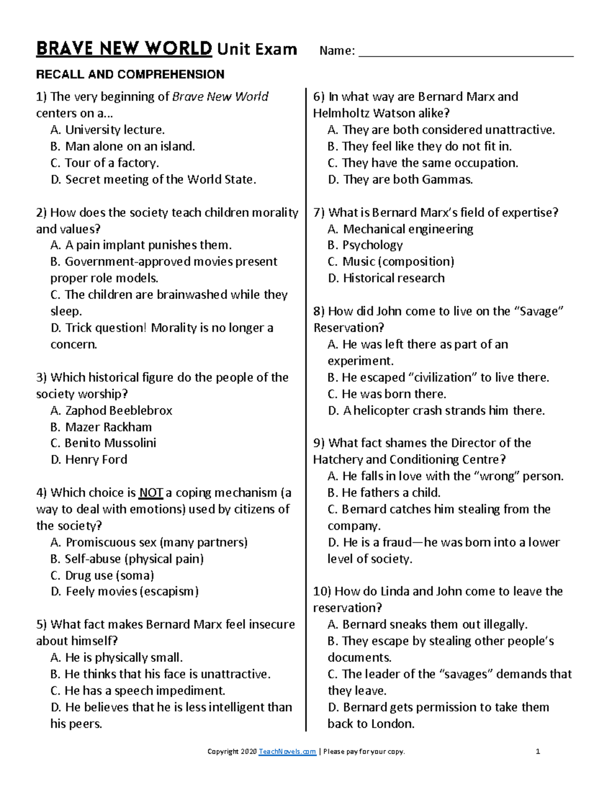 Brave New World - Unit Exam Name ...