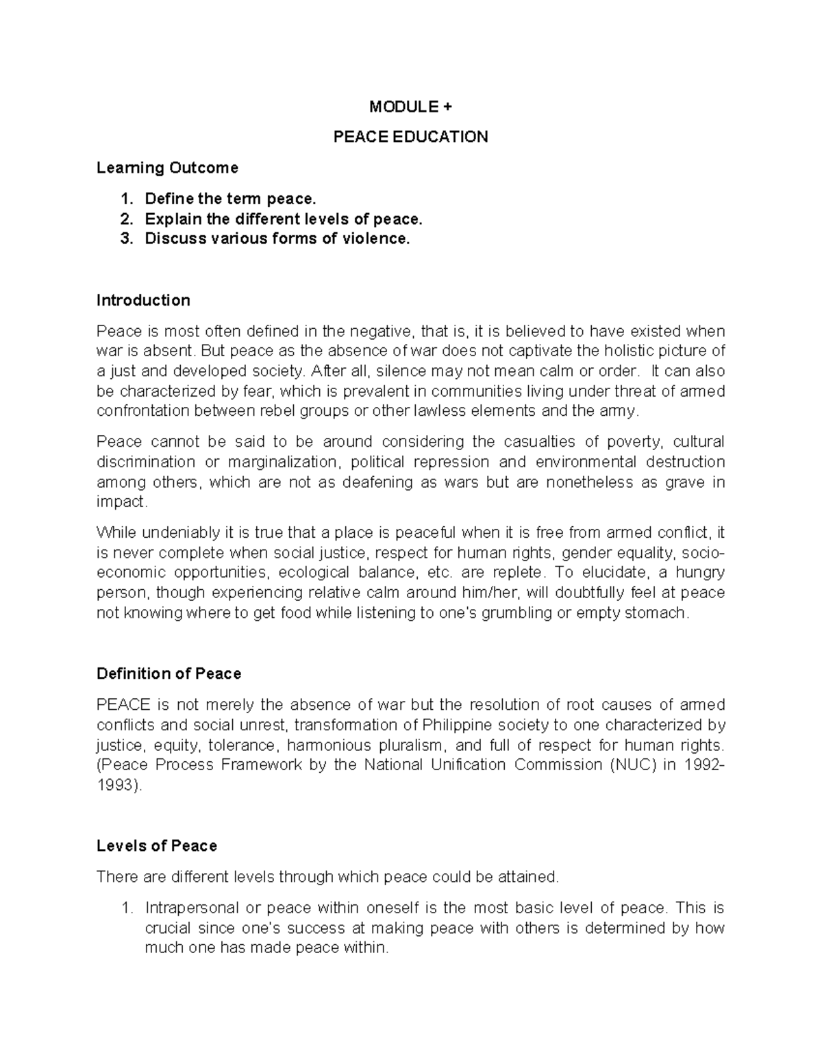 PEACE EDUCATION MODULE: Understanding Peace and Violence - Studocu