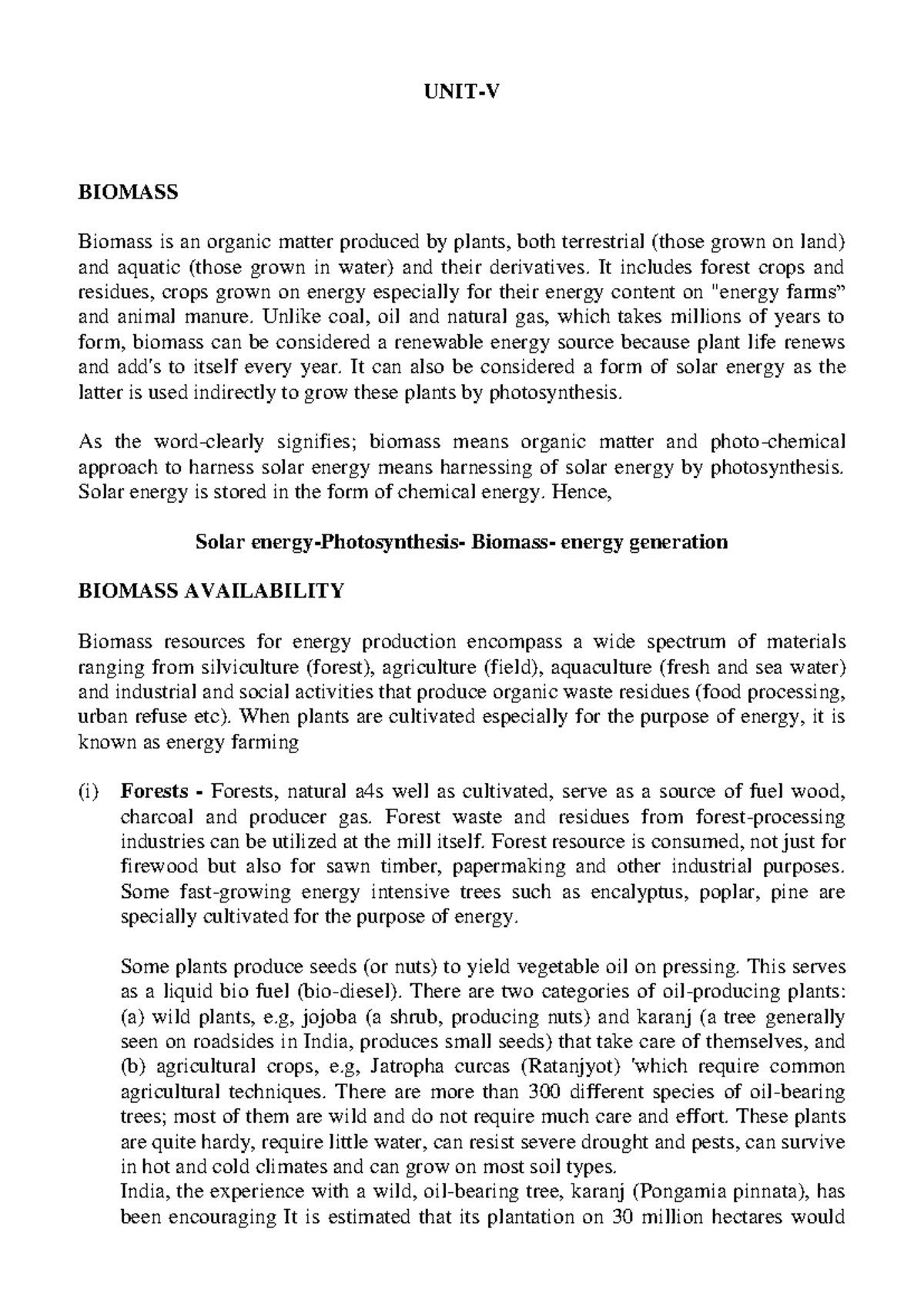 RER 100 Unit 5 Lecture Notes: Biomass Energy Fundamentals - Studocu
