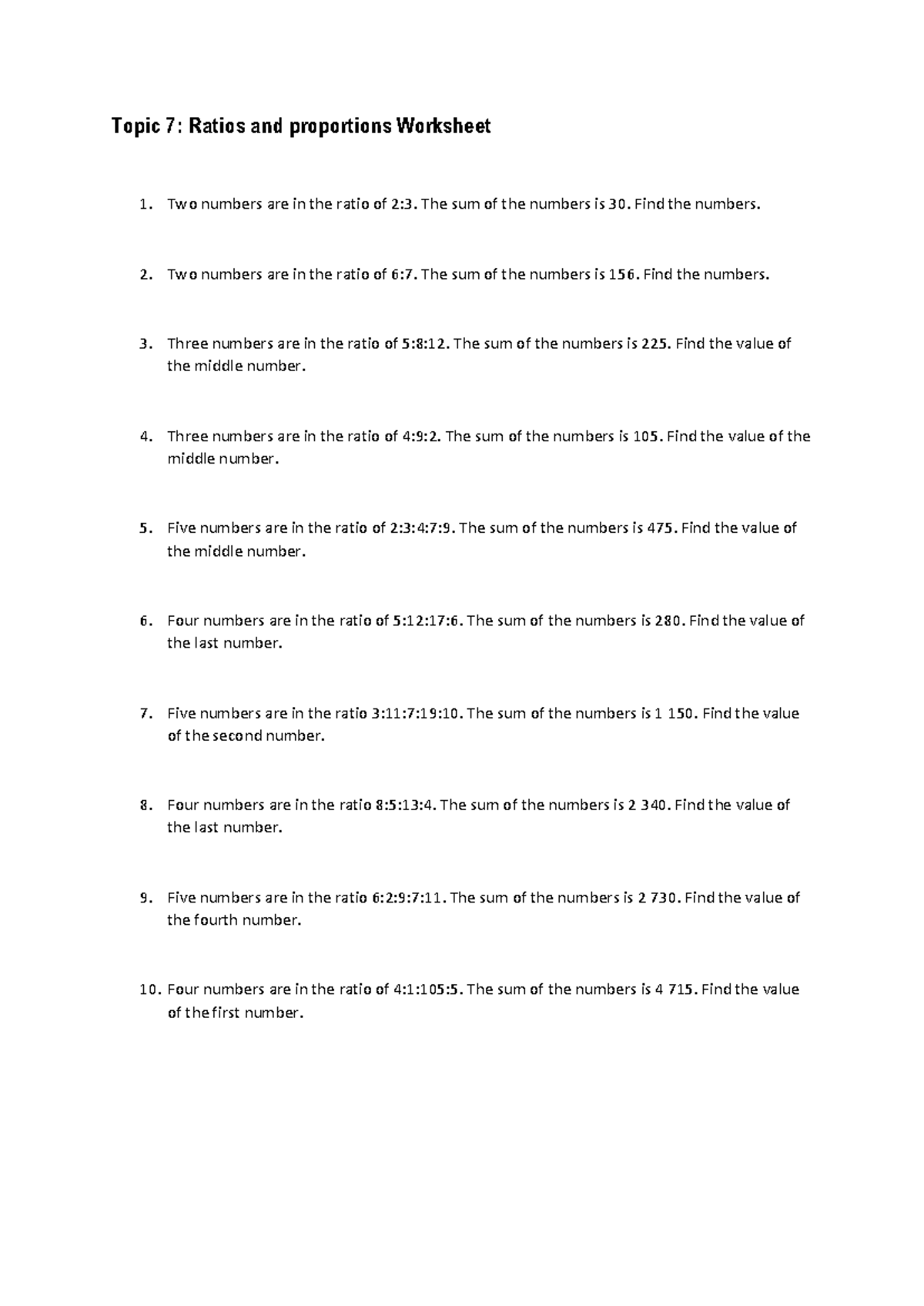 Topic 7: Ratios & Proportions Worksheet Exercises - Studocu