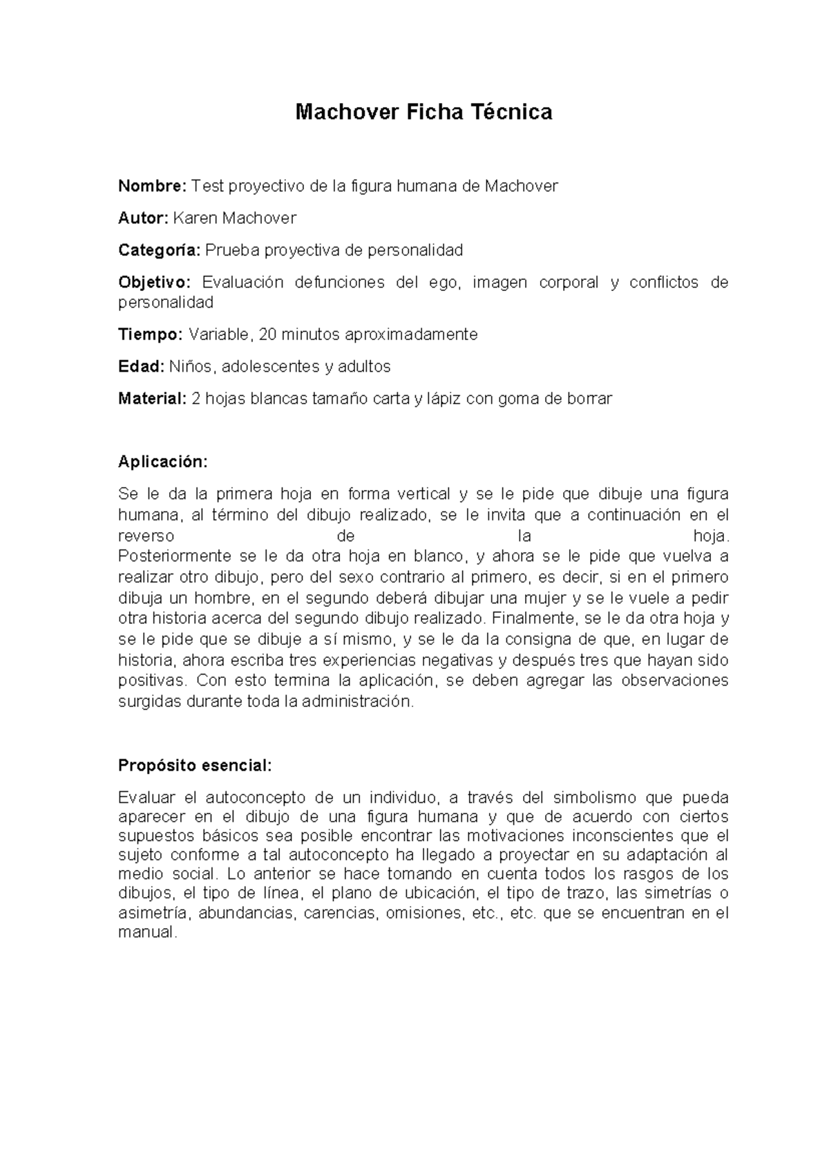 Ficha Técnica: Test Proyectivo de Figura Humana - Machover - Studocu