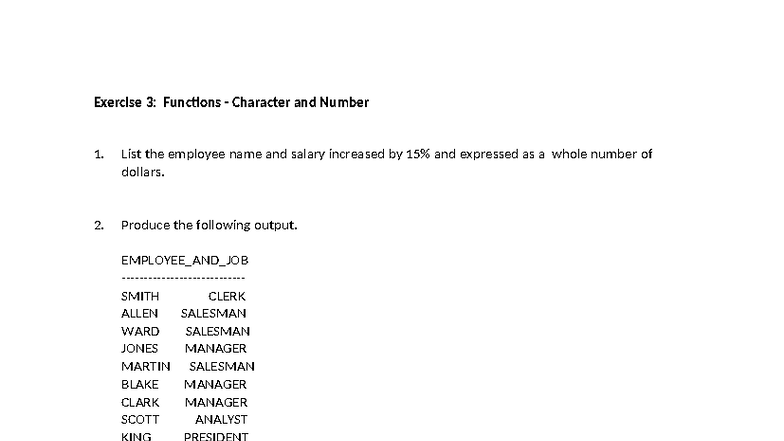 Exercise 3: Character and Number Functions for Employee Data Analysis ...