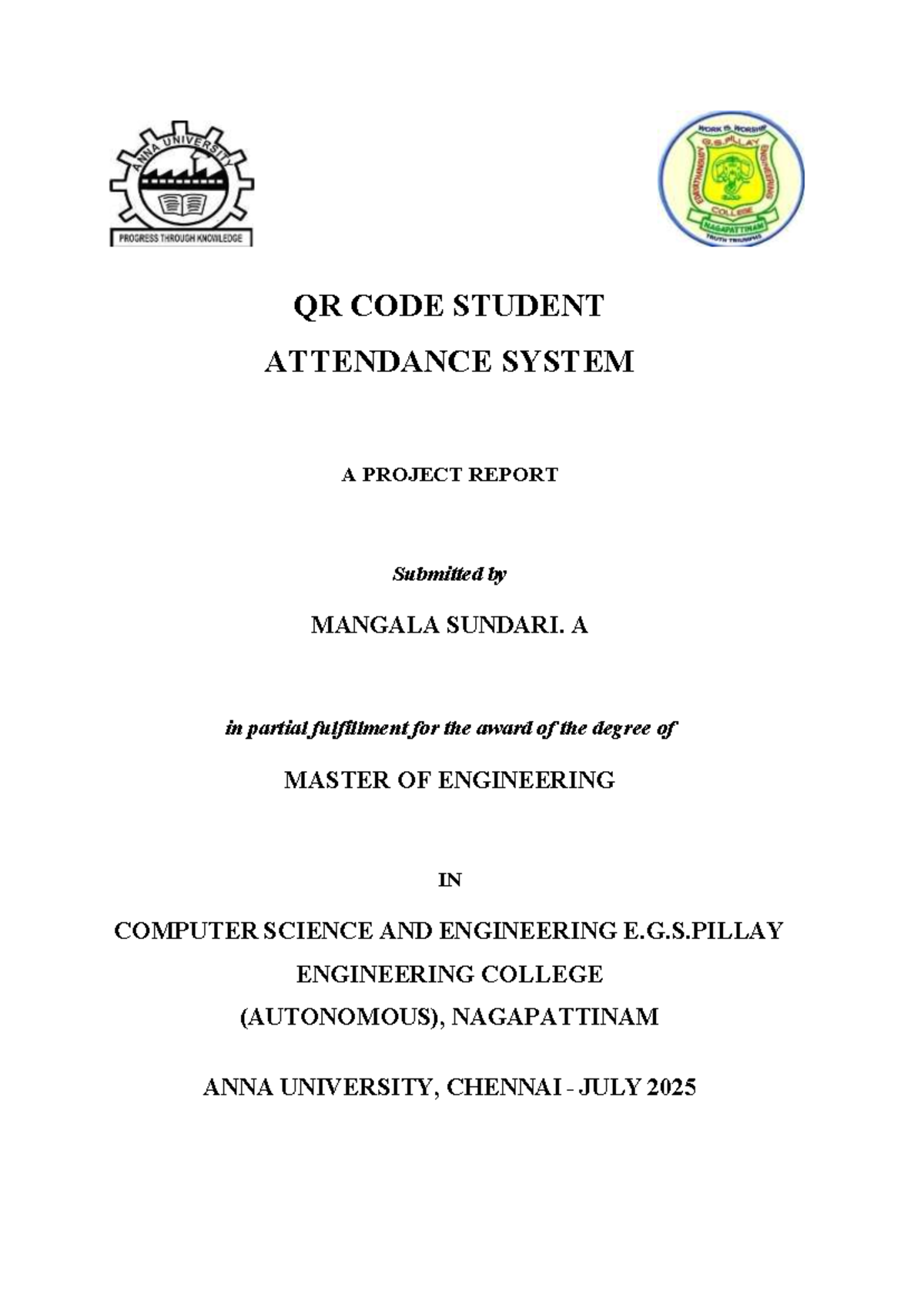QR Code Student Attendance System: Final Project Report (M.E. CSE ...
