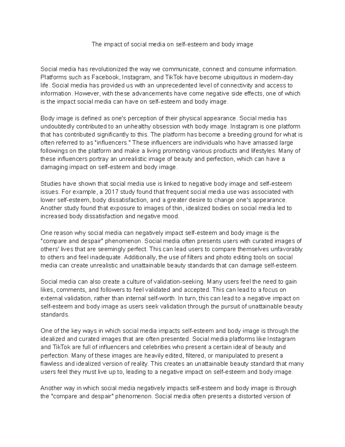 The Effects of Social Media on Self-Esteem & Body Image Dynamics - Studocu