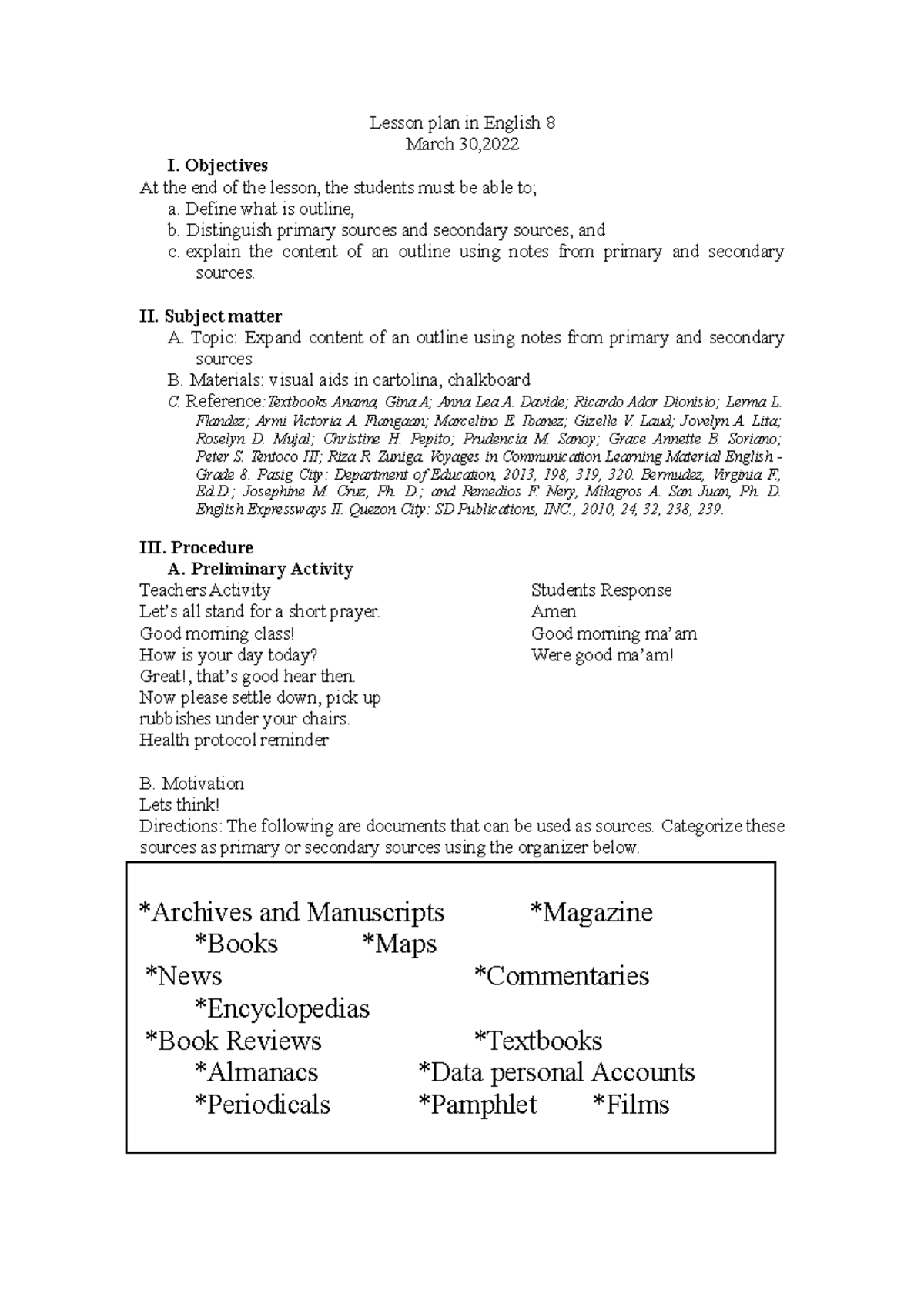 Lesson plan in English 8 Expand Contentof AN Outline - Lesson plan in ...