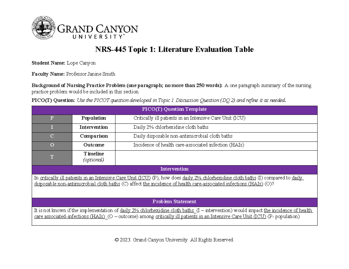 NRS-445-RS-T1-Example of Literature Evaluation Table for Nursing Study - Studocu