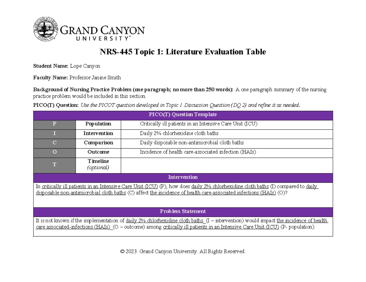 NRS 445 Topic 1 Literature Evaluation Table on Dual Antiplatelet ...