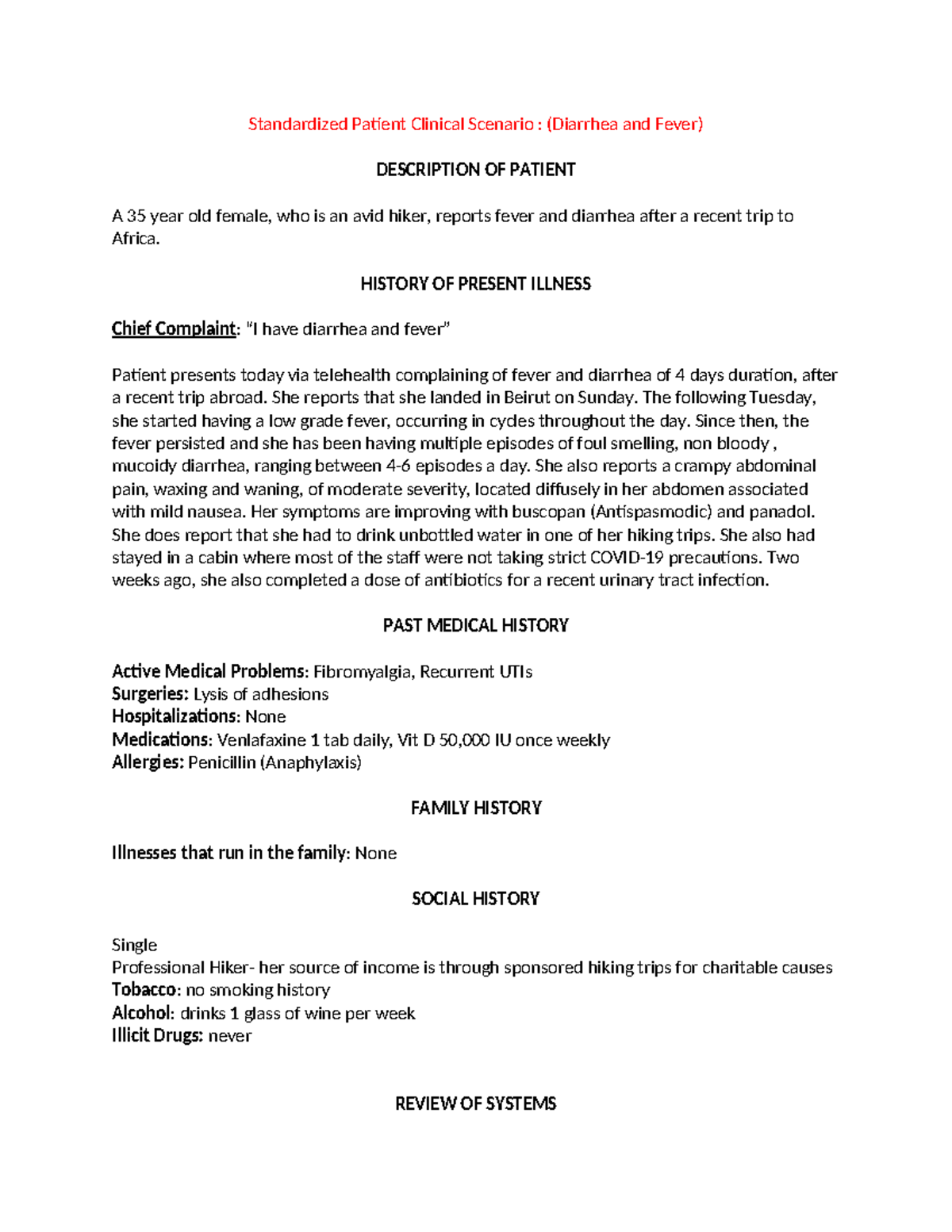 Standardized Patient Clinical Scenario: Fever & Diarrhea Case Study ...