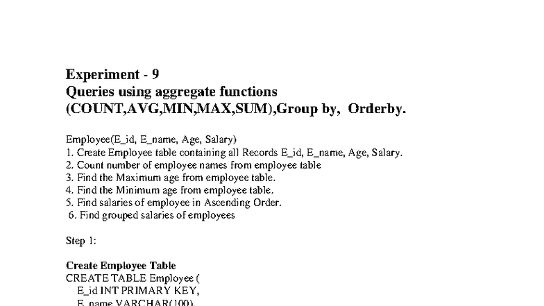 Exp 9: DBMS Lab - Aggregate Functions & Queries on Employee Table - Studocu