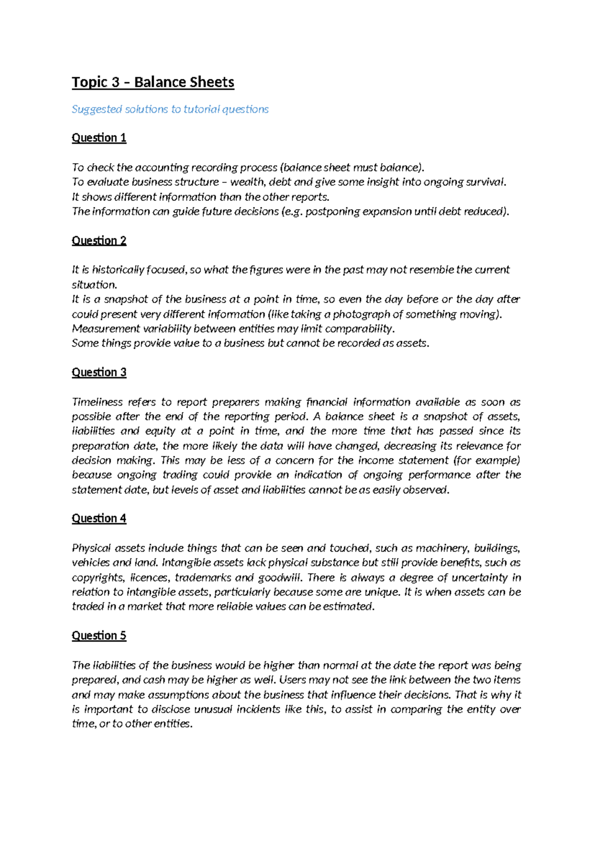 Topic 3 Solutions to Tutorial Exercises (week 4) - Topic 3 – Balance ...