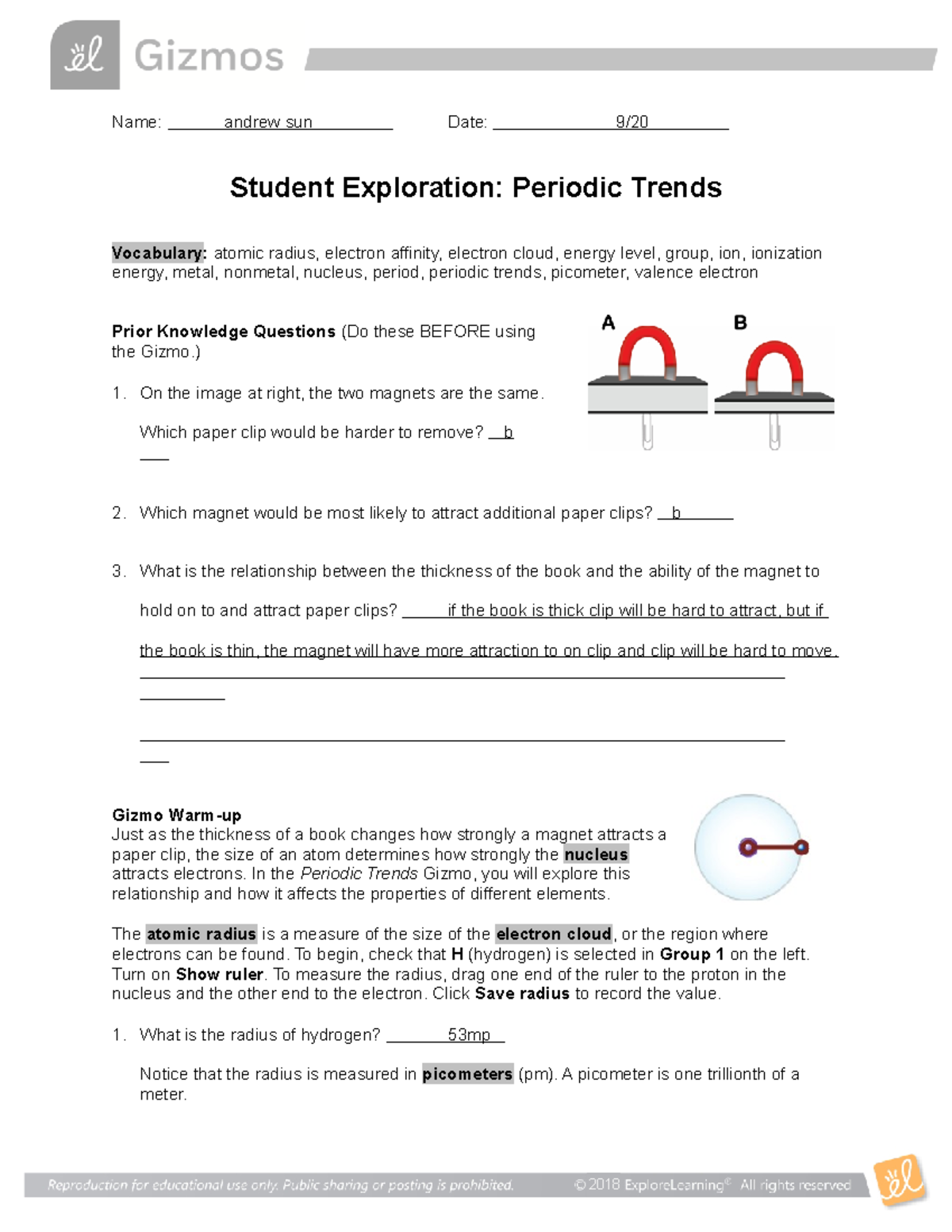 Periodic Trends Gizmo Worksheet - Name: andrew sun Date: 9/ Student ...
