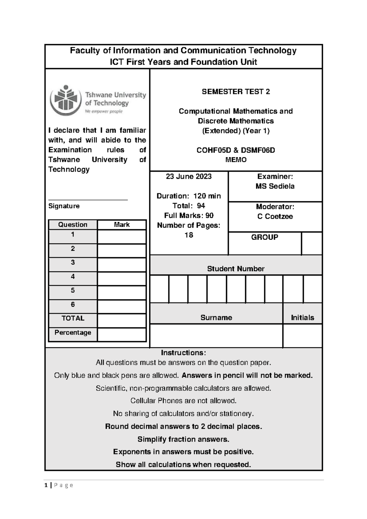 Semester Test 2 MEMO - Computational & Discrete Math (COHF05D & DSMF06D ...