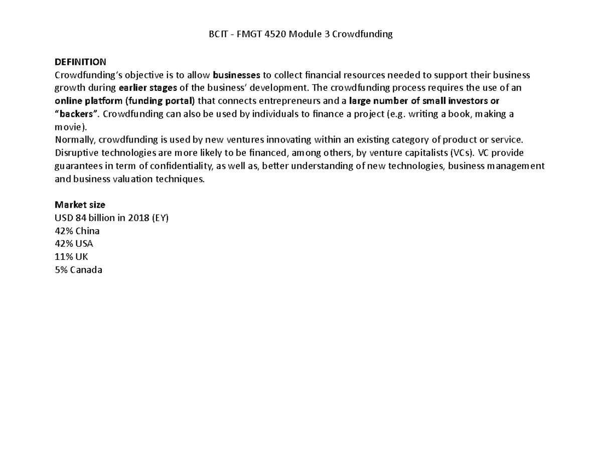 Lecture M3 Crowdfunding FMGT-4520-0 - Enterprise Finance - DEFINITION ...