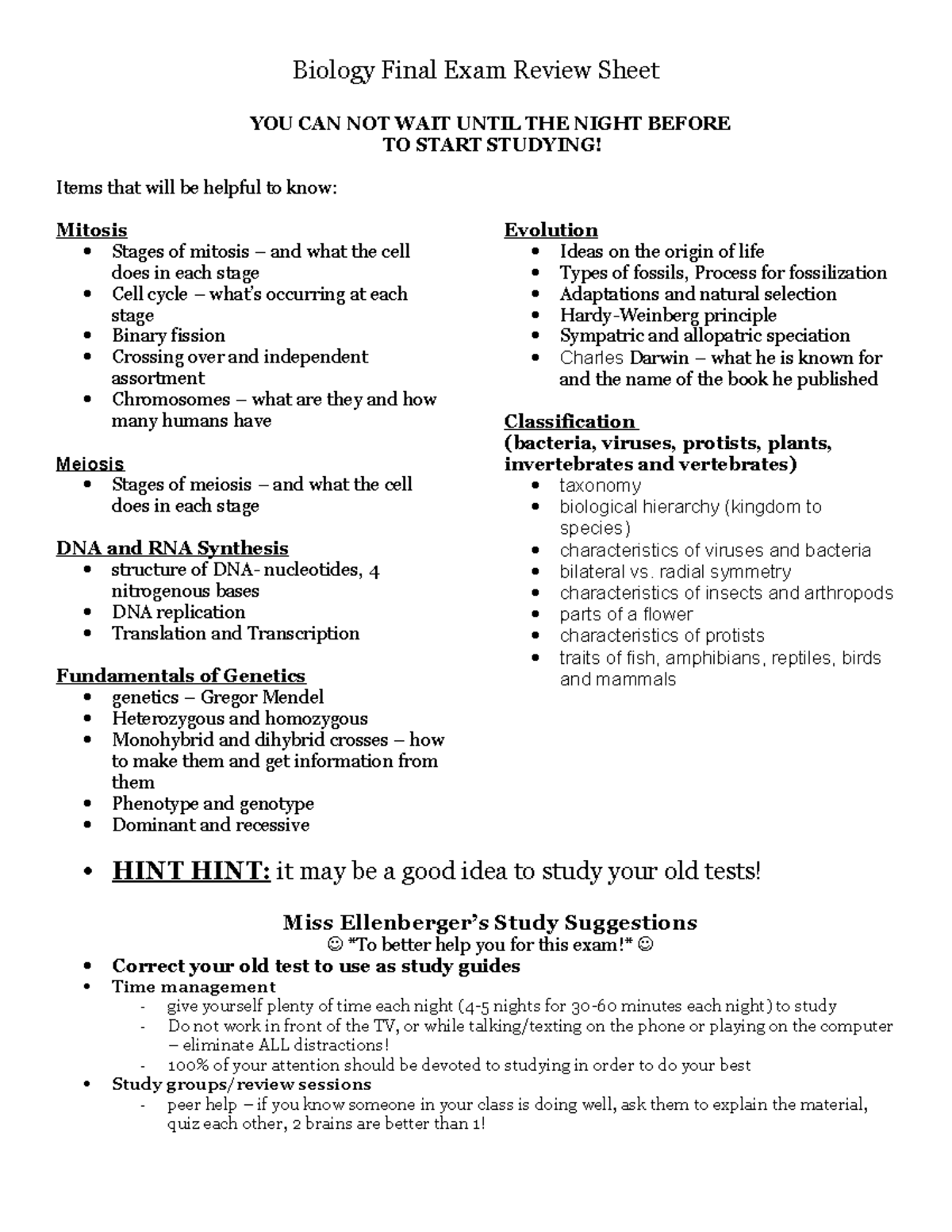 BIO 101 Final Exam Review Sheet: Key Topics & Study Tips - Studocu