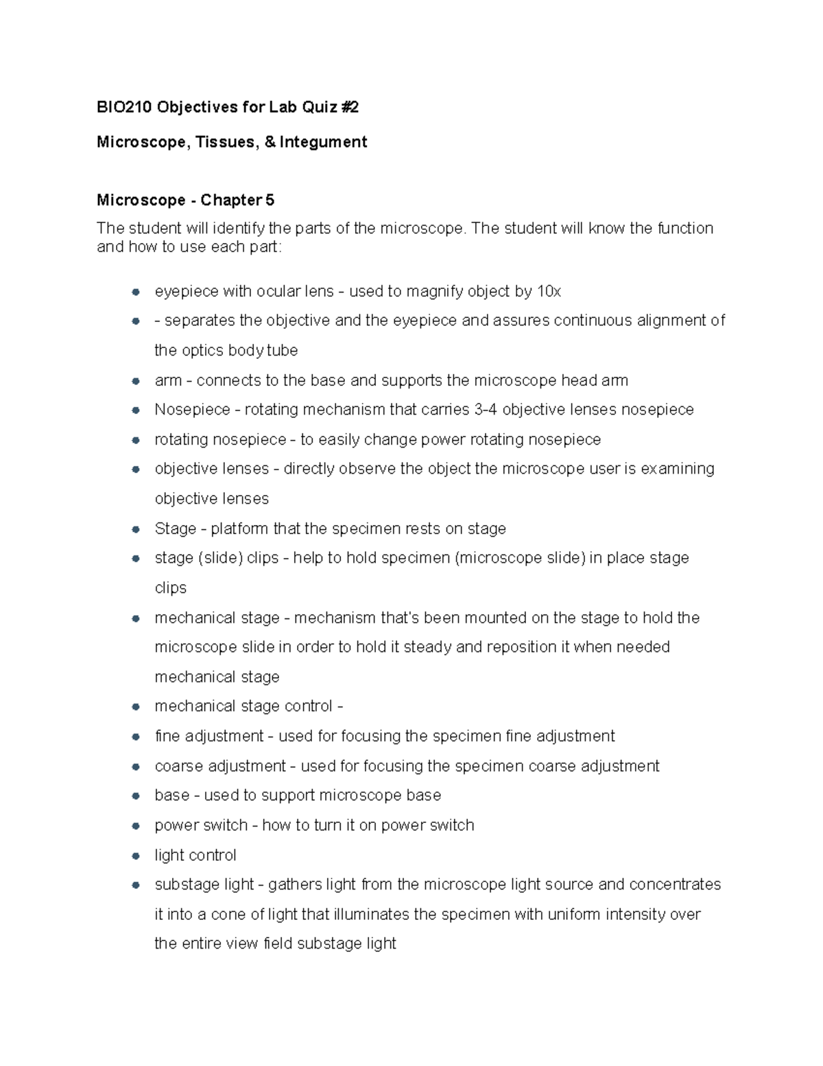 BIO210 Lab Quiz #2 Objectives: Microscope, Tissues, & Integument - Studocu