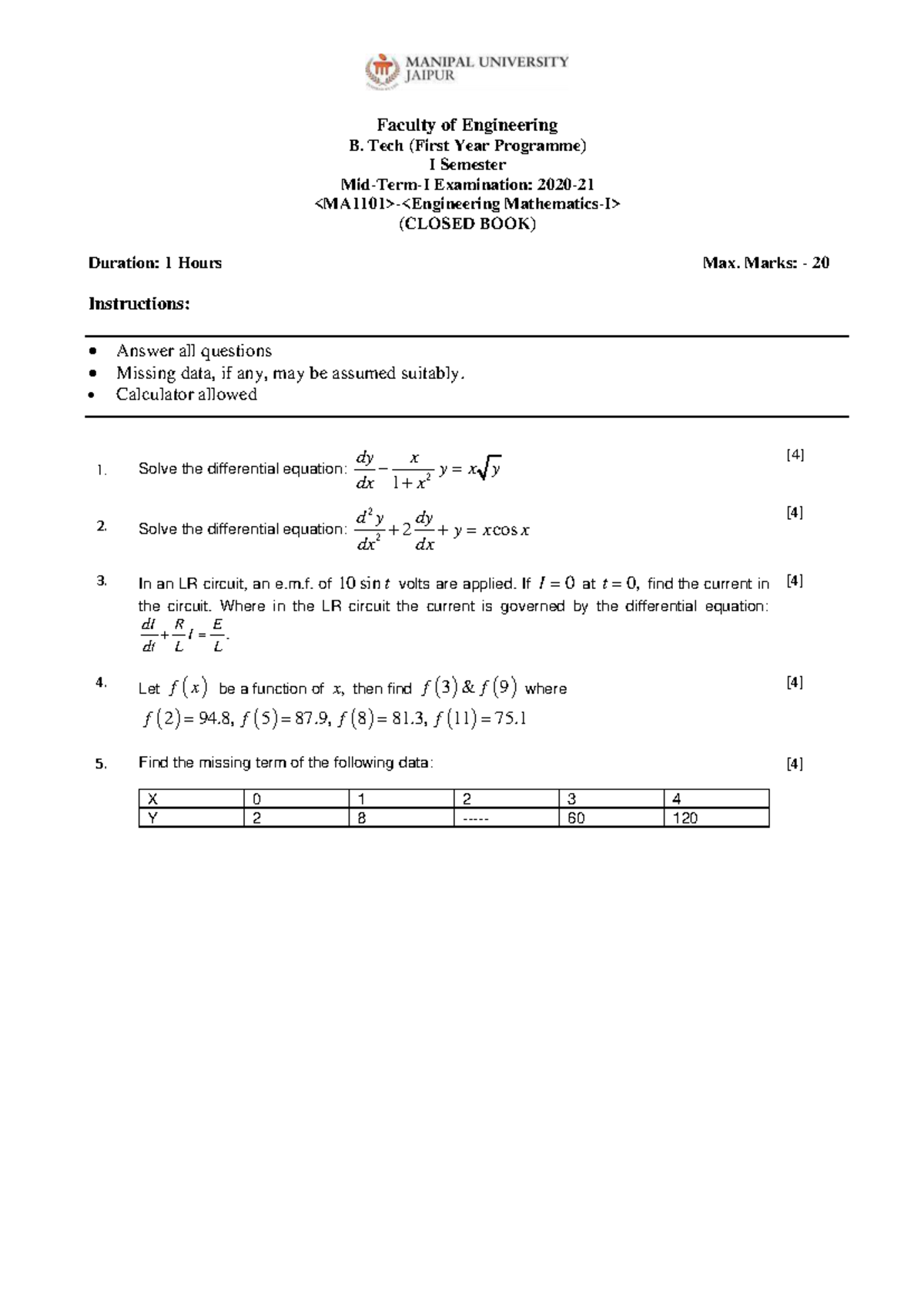 MA1101 Mid-Term-I Exam Paper: Engineering Mathematics-I 2020 - Studocu