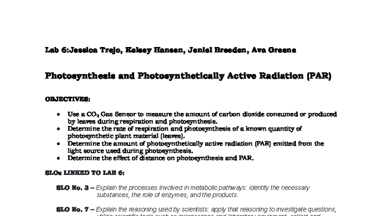 Lab 12: Photosynthesis and PAR Measurement Experiment - Studocu