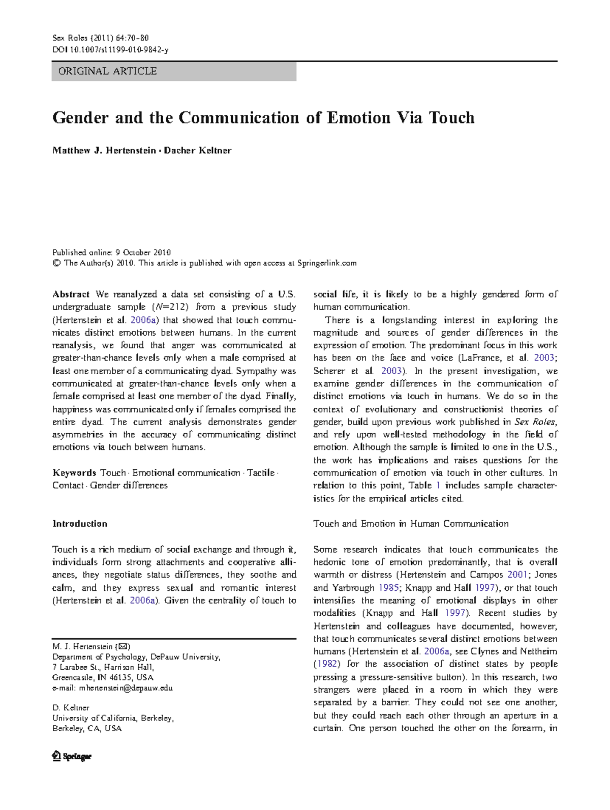 Gender Differences in Emotion Communication Through Touch: A Study in ...