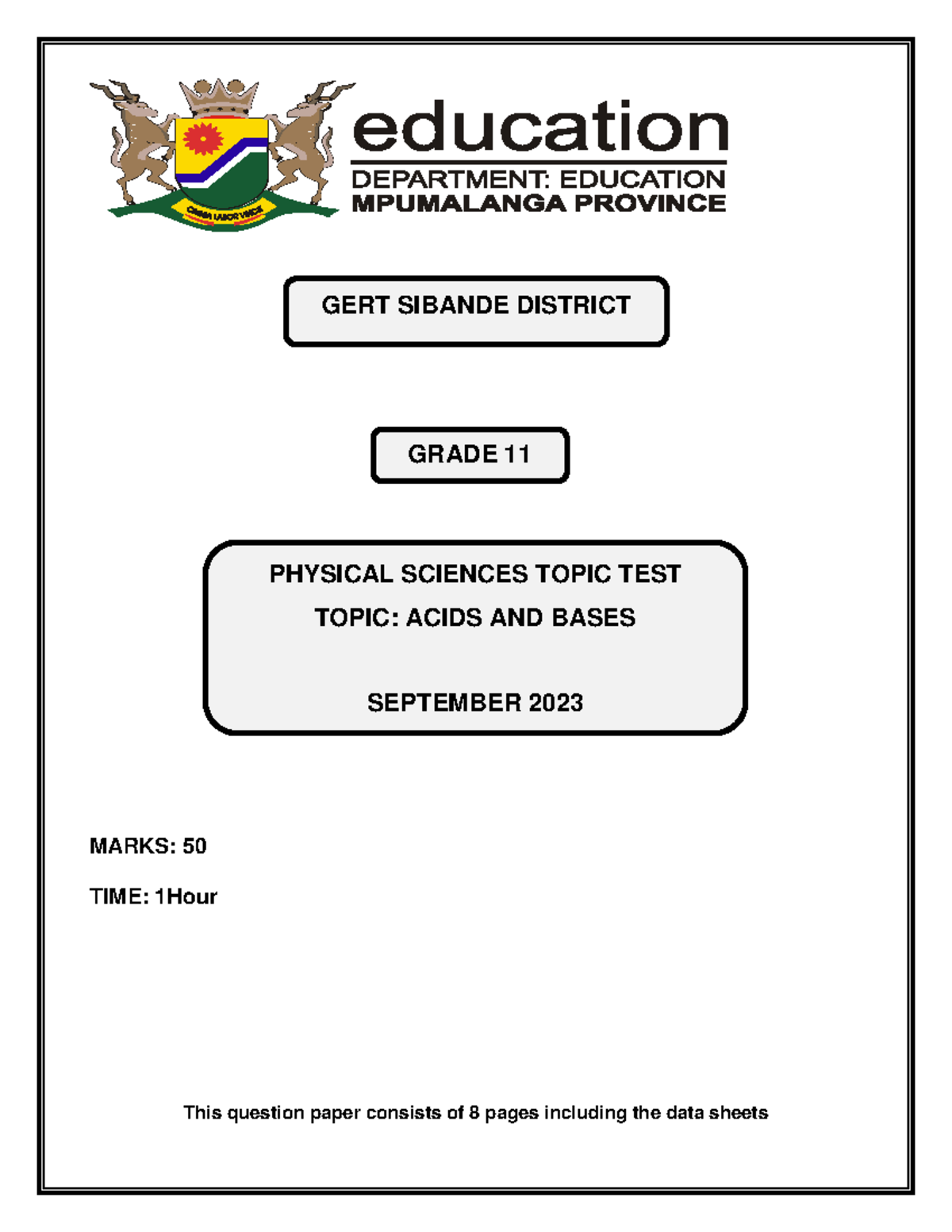 Grade 11 Physical Sciences Topic Test QP G11: Acids & Bases 2023 - Studocu