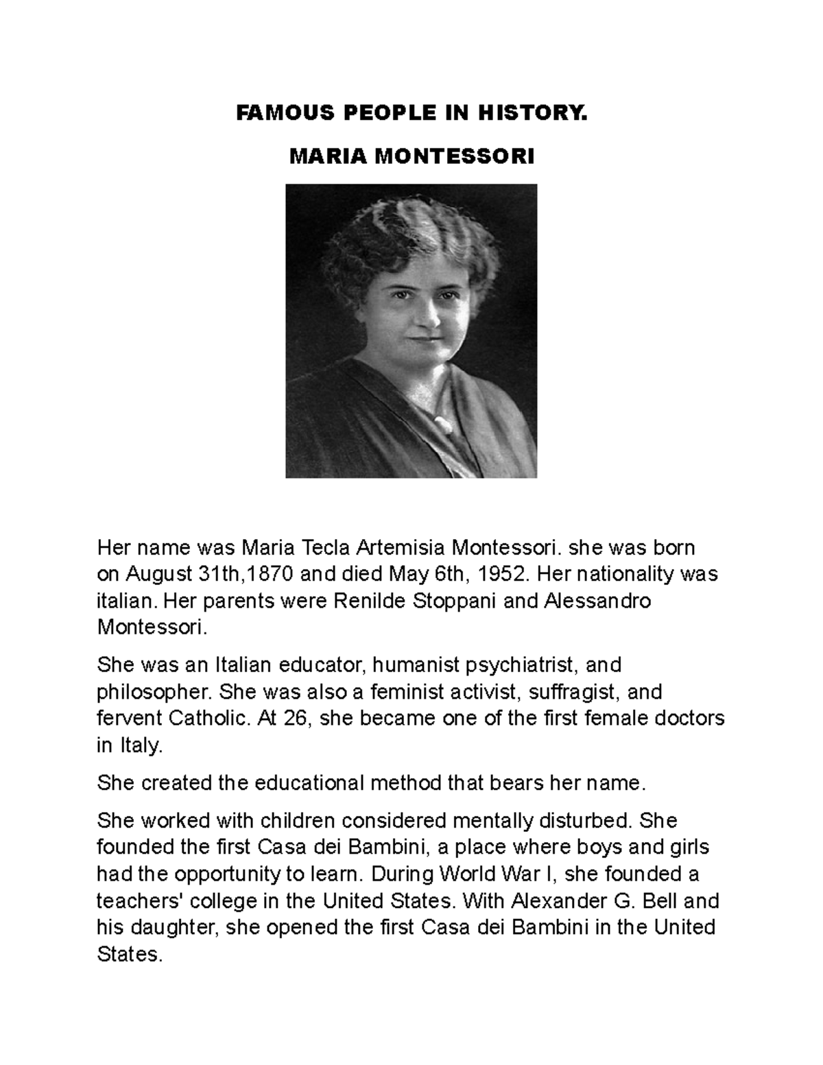 Famous People in History: Maria Montessori - English A Course - Studocu