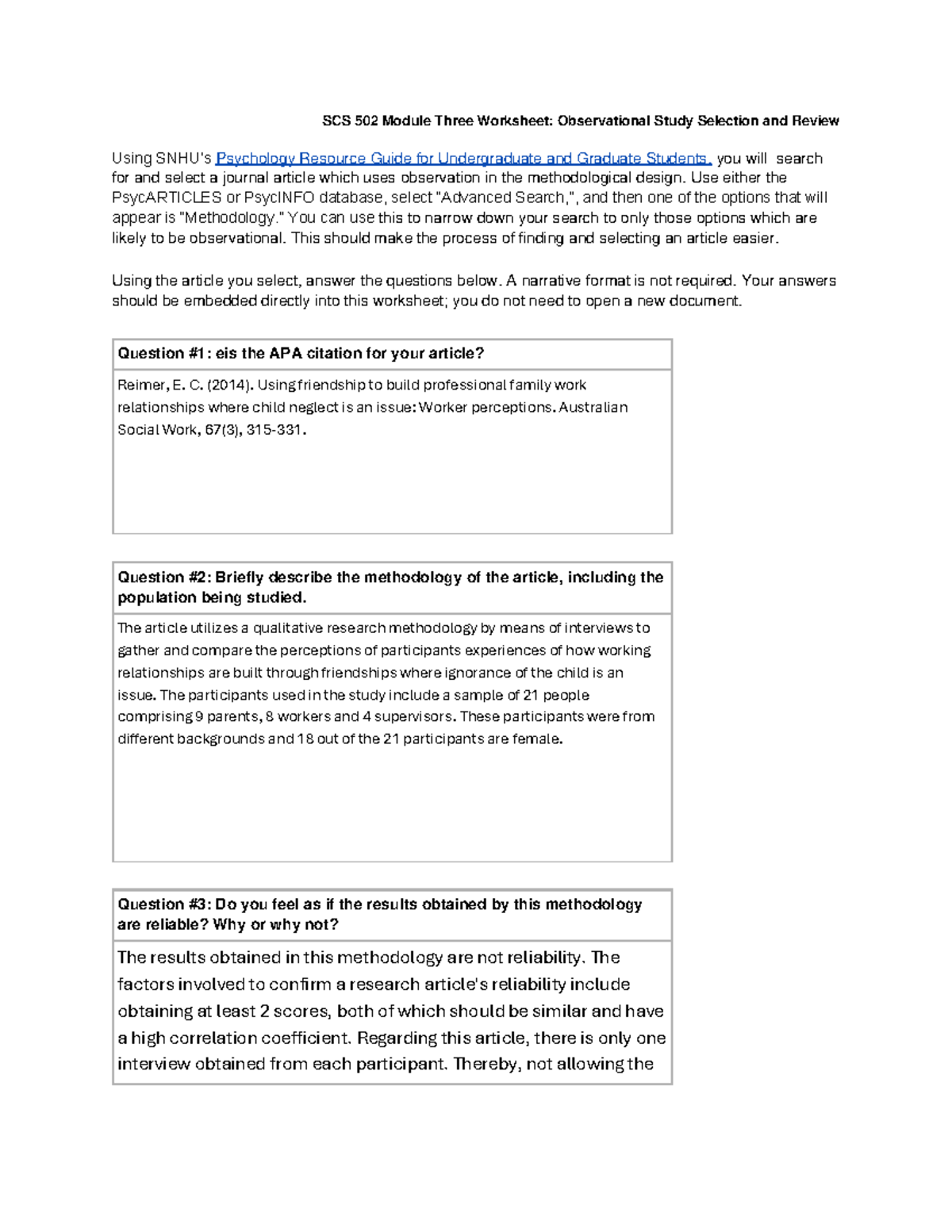 Psy - psy - SCS 502 Module Three Worksheet: Observational Study ...