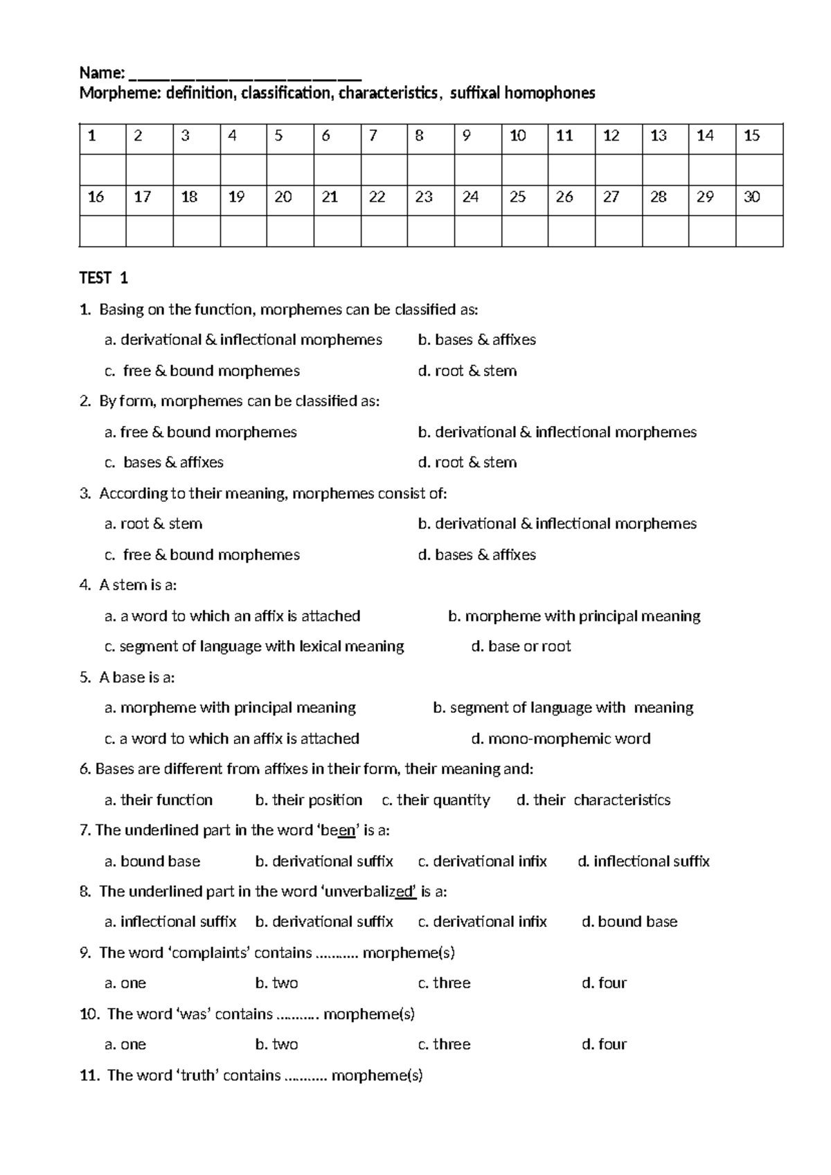 Morpheme Classification and Characteristics: TEST 1 - Ed1 - Studocu