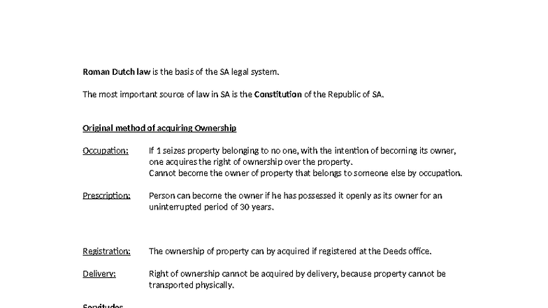 CLA1501: Overview of Roman Dutch Law and Ownership Principles - Studocu