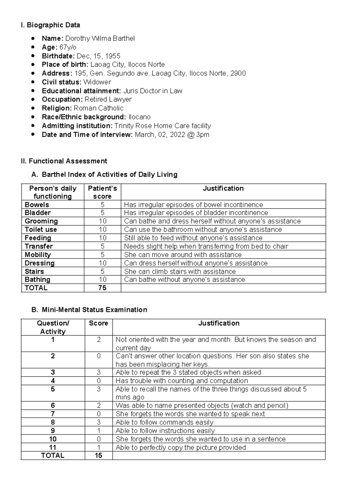 Barthel Index Assessment - Sample Case Study Document - Studocu