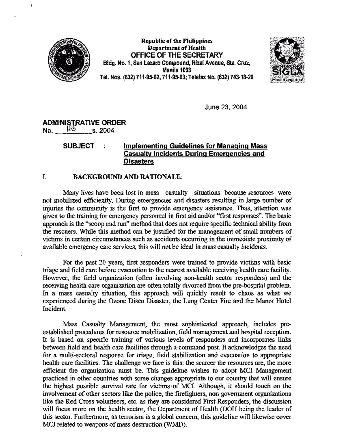 DOH Administrative Order 155 S. 2004: Mass Casualty Management ...