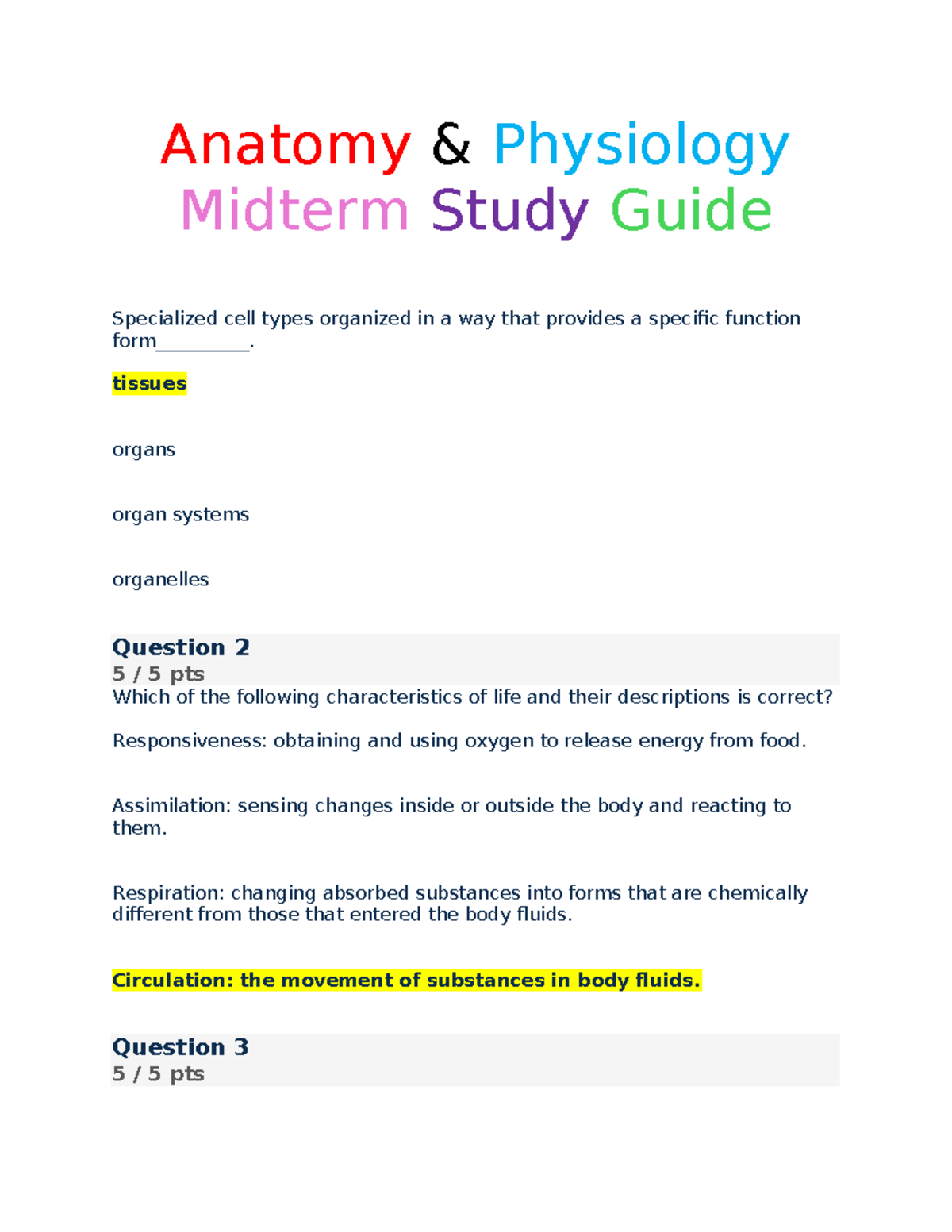 Anatomymidtermstudy guifde - Anatomy & Physiology Midterm Study Guide Specialized cell types ...