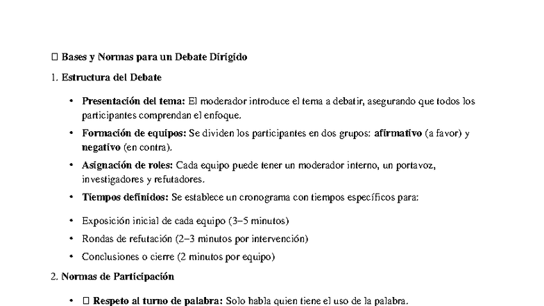Bases y Normas para un Debate Dirigido: Estructura y Evaluación - Studocu