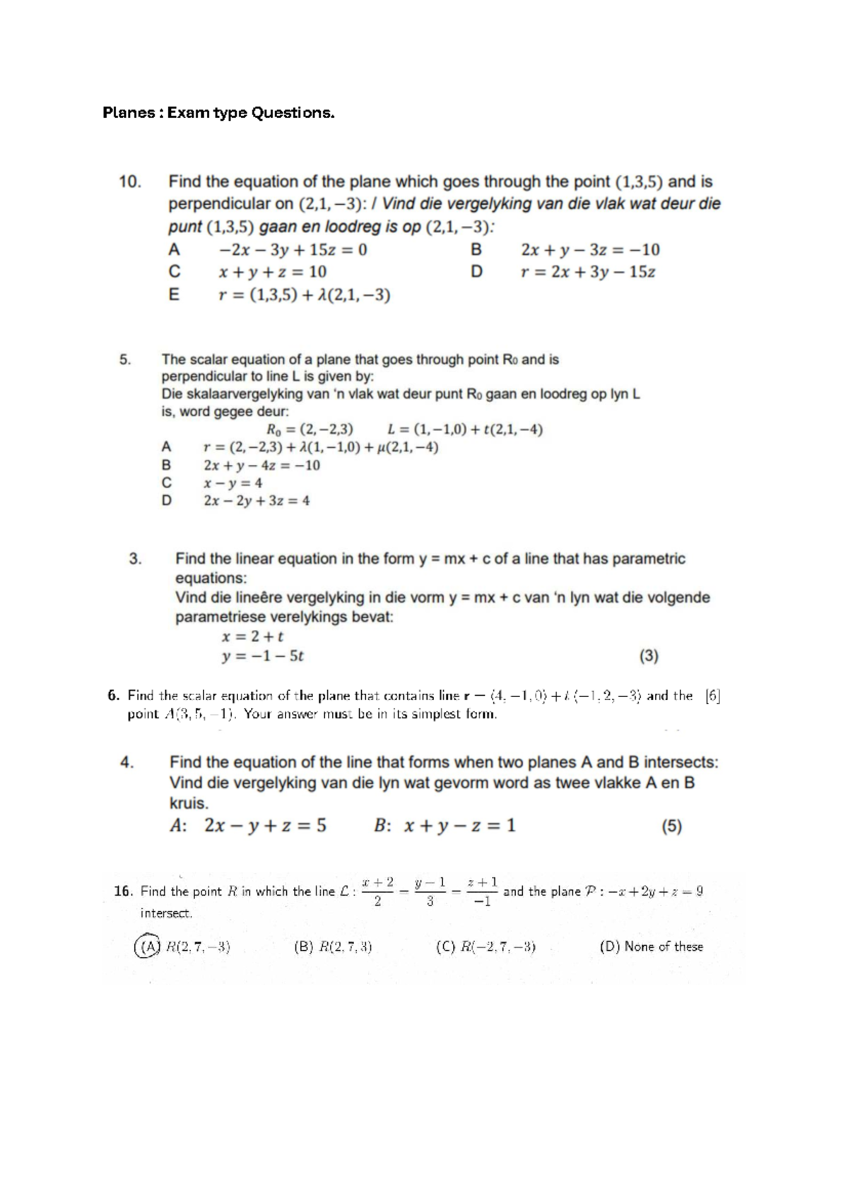 Planes: Exam Type Questions - Problems & Exercises - Studocu