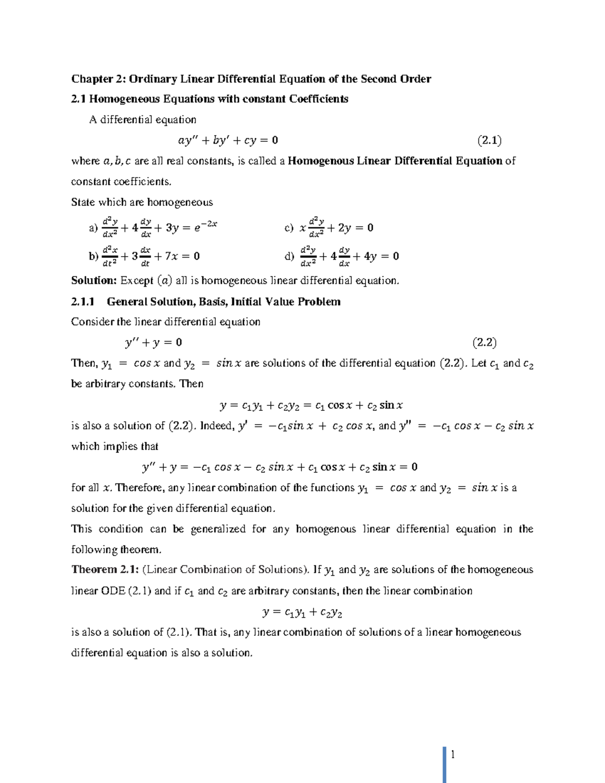 Chapter 2: Ordinary Linear Differential Equations (ODEs) - Homogeneous ...
