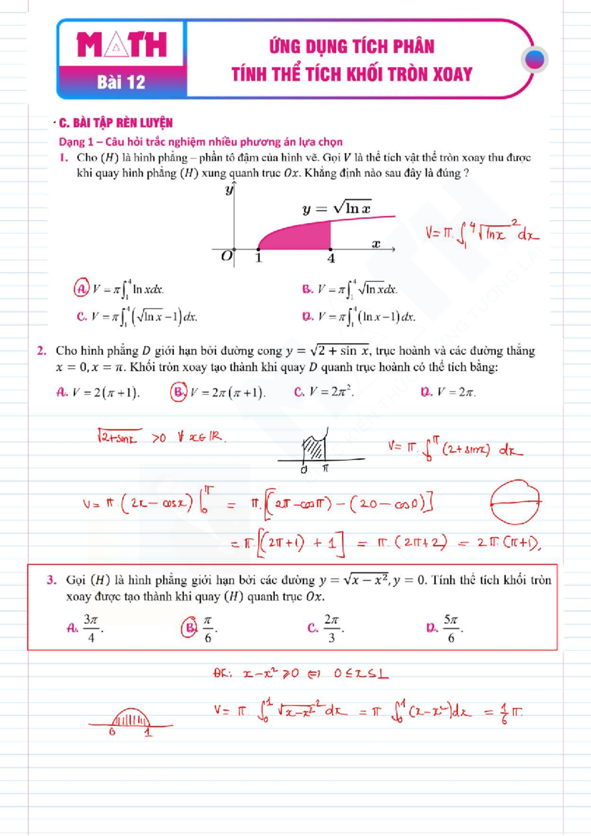 Bản viết tay - MC12 - Ứng dụng tích phân tính thể tích khối tròn xoay ...