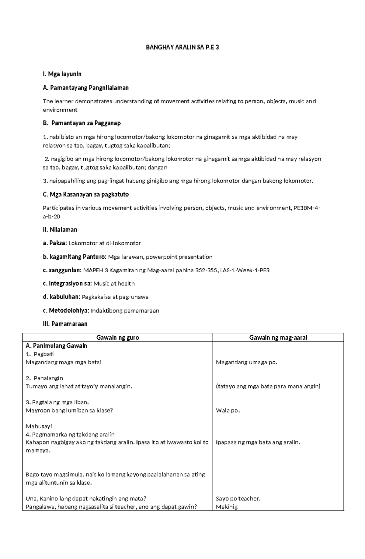 PE3 - Lesson Plan on Lokomotor at Di-Lokomotor Activities - Studocu