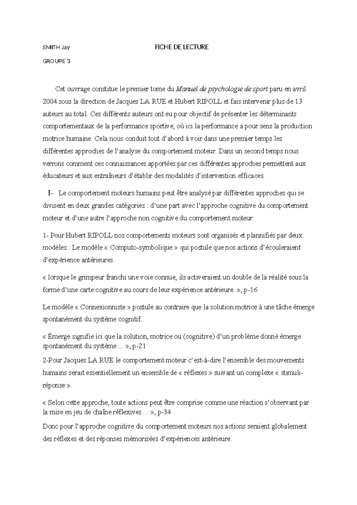 FICHE DE LECTURE - Manuel de Psychologie du Sport (STAPS) - Studocu