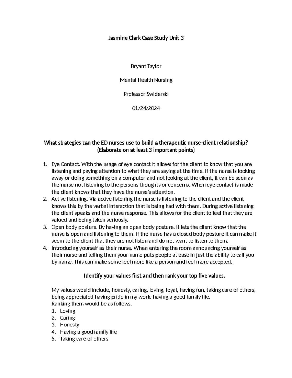 Jasmine Clark Case Study Unit 3: Building Therapeutic Relationships in ED - Studocu