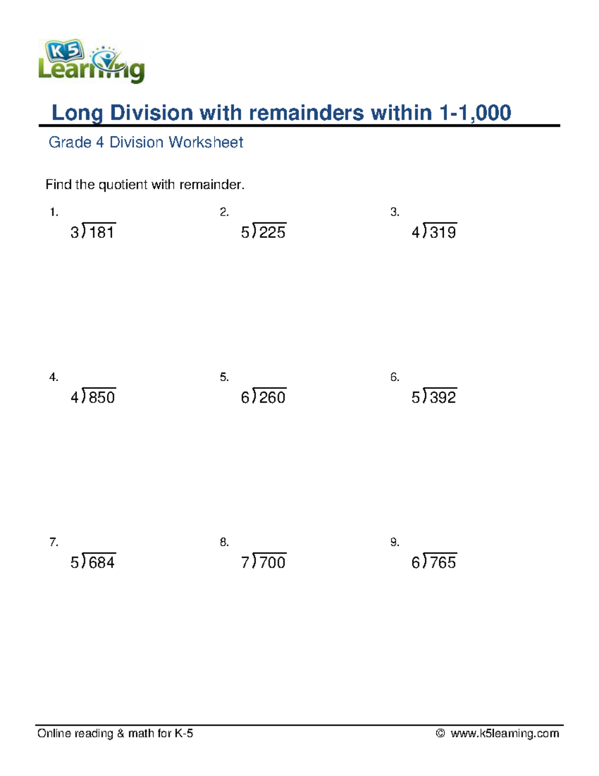 Grade 4 Long Division with Remainders Worksheet - Studocu