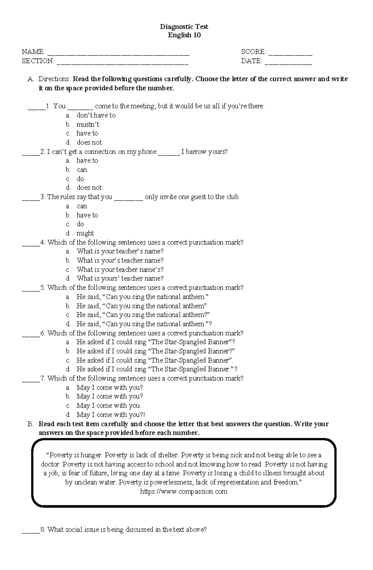 ENG 10 Diagnostic Test: Practice Material for Student Assessment - Studocu