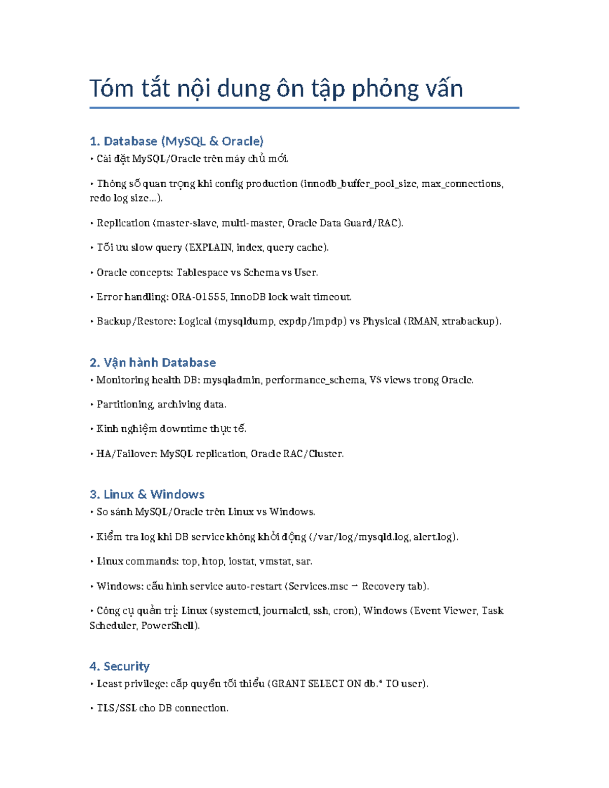 Tóm tắt ôn tập phỏng vấn CSDL: MySQL & Oracle - Studocu