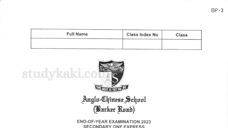 Anglo Chinese School Barker Road EOY 2023 Sec 1 Math Group 3 - Full ...