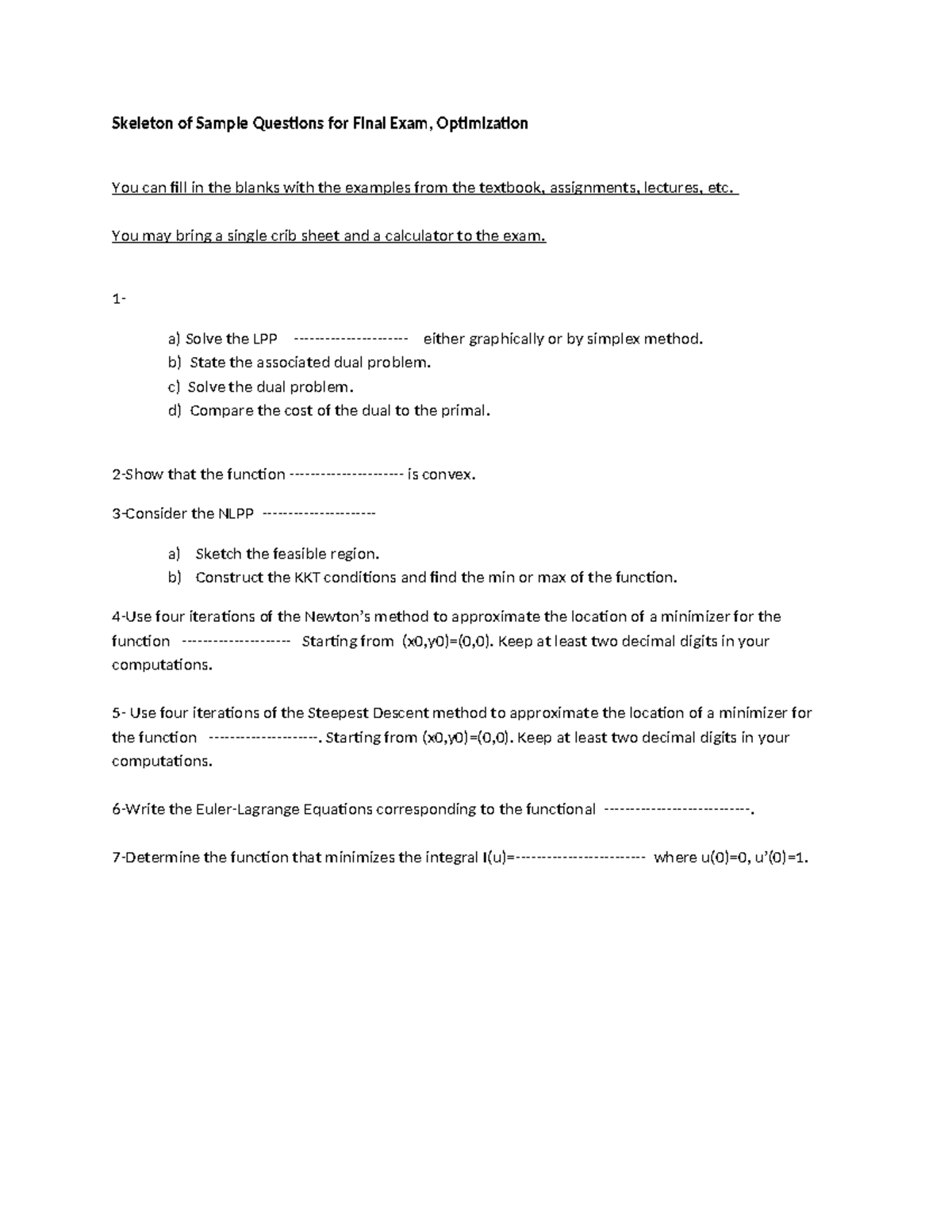 Sample Questions for Final Exam, Optimization (Course Code) - Studocu