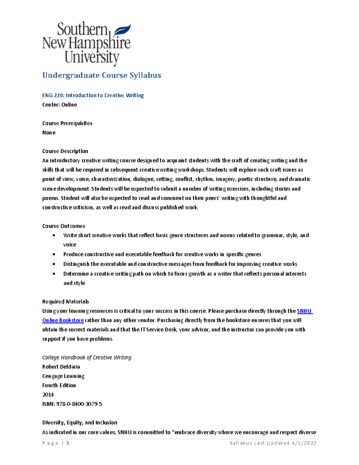 ENG 226 Syllabus: Intro to Creative Writing Course Overview - Studocu