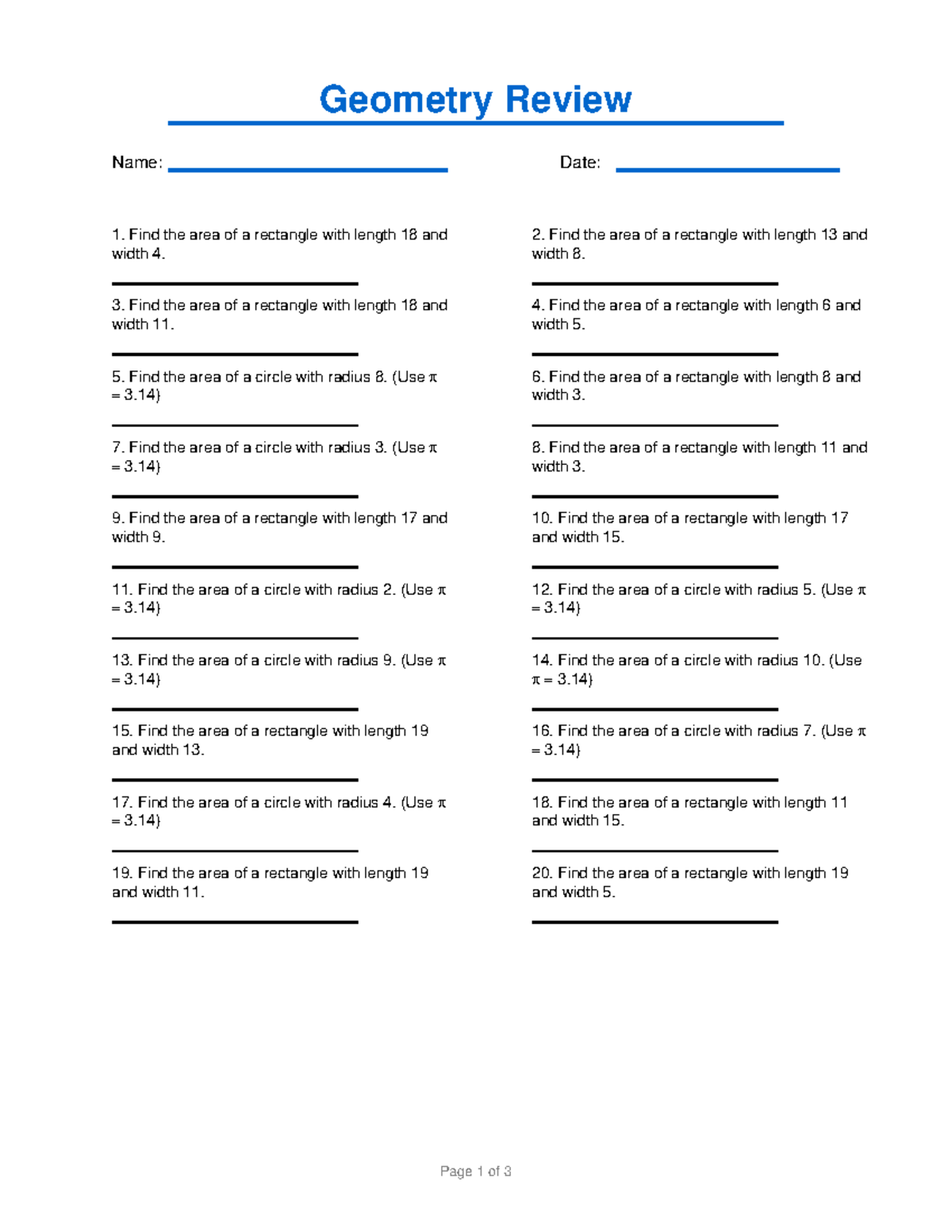 Geometry Review 4: Area Calculations for Rectangles & Circles - Studocu