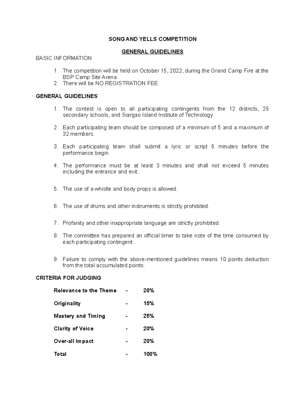 Song and Yell Competition Guidelines and Judging Criteria - Studocu