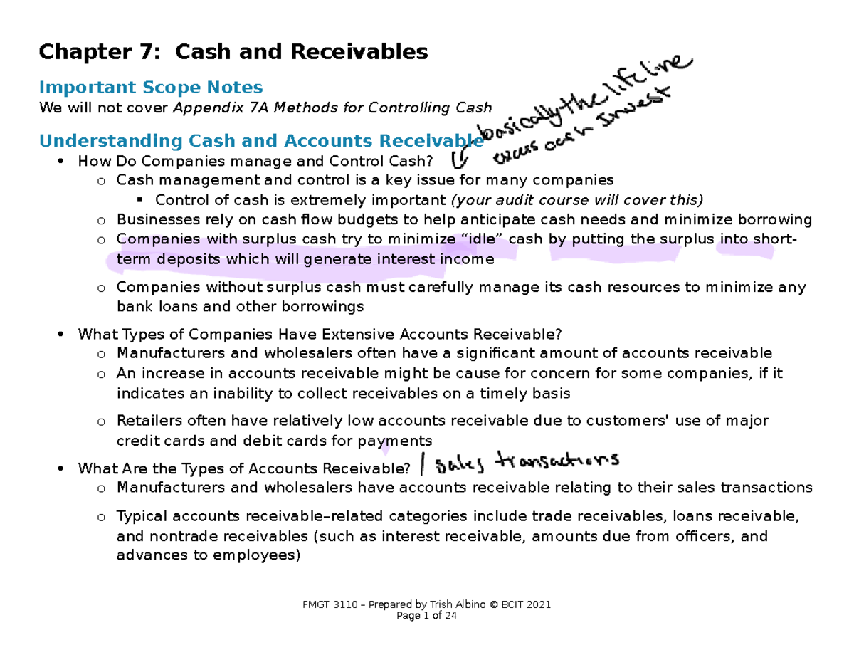 Chapter 7 Lecture Notes (FMGT 3110) - Cash and Accounts Receivable ...